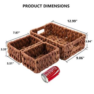 Yopay Set of 3 Hand-Woven Storage Baskets, Wicker Baskets for Organizing, Rectangular Imitation Nesting Storage Baskets with Built-in Handles for Shelves, Walnut Decorative Basket