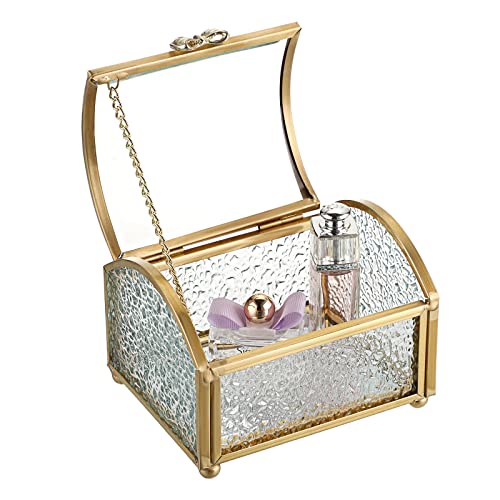 ELLDOO Gold Vintage Glass Jewelry Box with Clear Lid Diamond Pattern Treasure Chest Box Rectangle Keepsake Box Trinket Box, Small Size