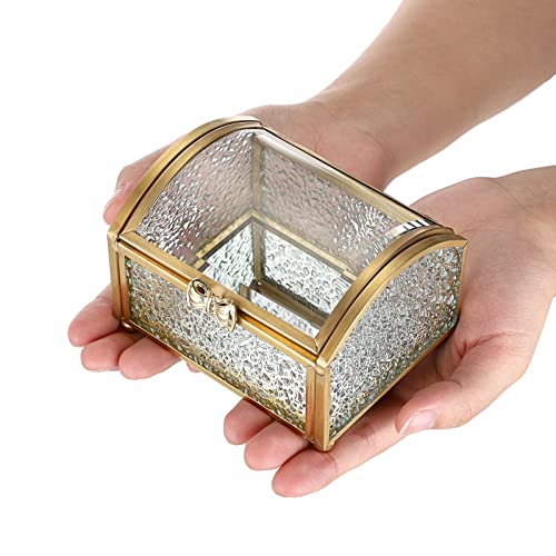 ELLDOO Gold Vintage Glass Jewelry Box with Clear Lid Diamond Pattern Treasure Chest Box Rectangle Keepsake Box Trinket Box, Small Size