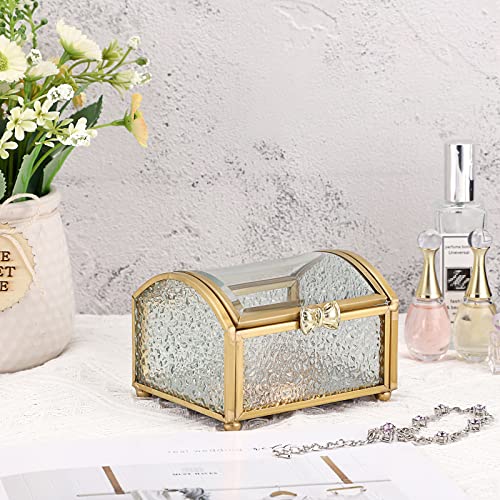 ELLDOO Gold Vintage Glass Jewelry Box with Clear Lid Diamond Pattern Treasure Chest Box Rectangle Keepsake Box Trinket Box, Small Size