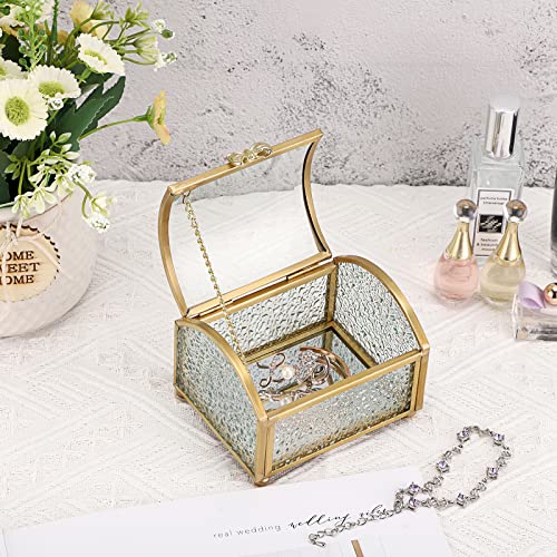 ELLDOO Gold Vintage Glass Jewelry Box with Clear Lid Diamond Pattern Treasure Chest Box Rectangle Keepsake Box Trinket Box, Small Size