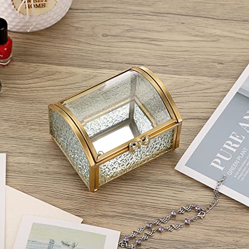 ELLDOO Gold Vintage Glass Jewelry Box with Clear Lid Diamond Pattern Treasure Chest Box Rectangle Keepsake Box Trinket Box, Small Size