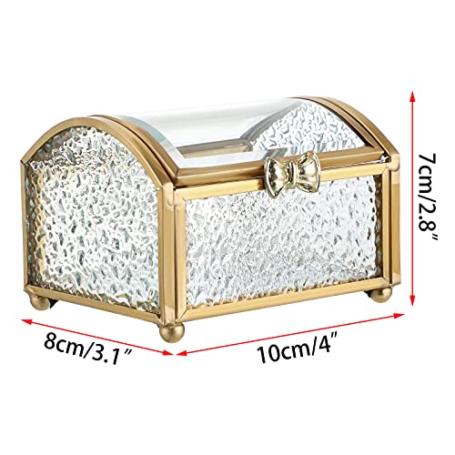 ELLDOO Gold Vintage Glass Jewelry Box with Clear Lid Diamond Pattern Treasure Chest Box Rectangle Keepsake Box Trinket Box, Small Size