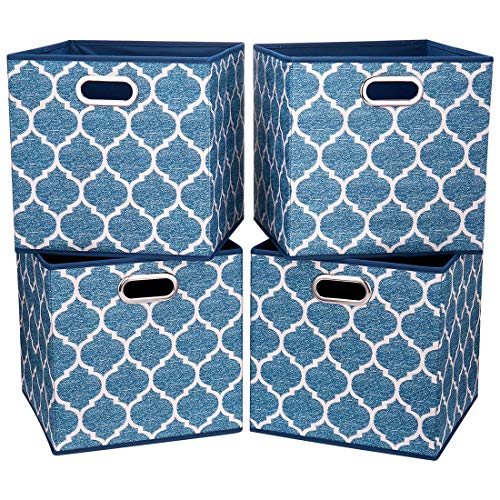 i BKGOO Cloth Storage Bins Set of 4 Thick Fabric Drawers Foldable Cubes Basket Organizer Container with Dual Metal Handles for Shelf Cabinet Bookcase Boxes Navy-Blue 13x13x13 inch