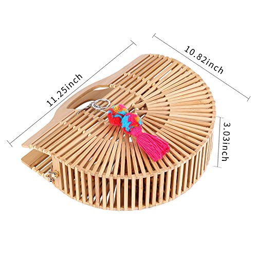 GLVOOI Bamboo Purse Straw Bag Basket Purse Beach Purse Bamboo Handbag Straw Beach Bag Straw Purses for Women Large Tote Bag