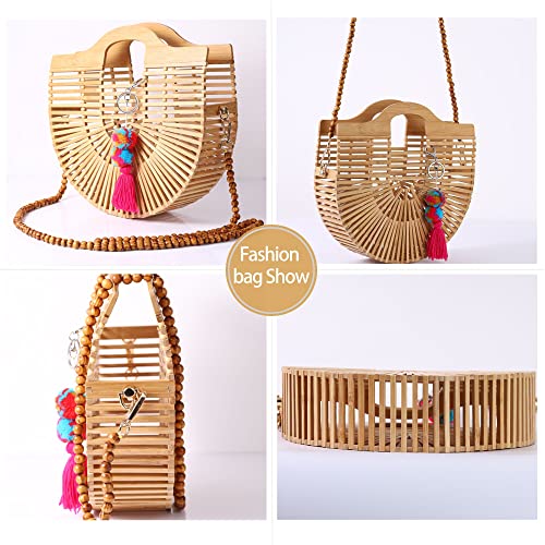 GLVOOI Bamboo Purse Straw Bag Basket Purse Beach Purse Bamboo Handbag Straw Beach Bag Straw Purses for Women Large Tote Bag