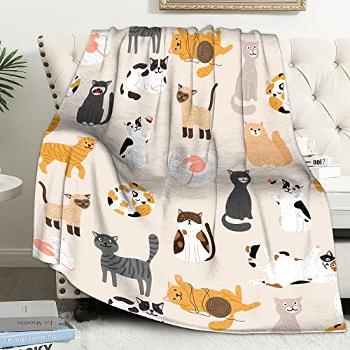 YRAQLVU Cat Throw Blanket - Cat Gifts for Cat Lovers Soft Flannel Bed Blanket Cozy 50x60 inch Winter Cute Animal Blanket for Couch (Beige Cat)