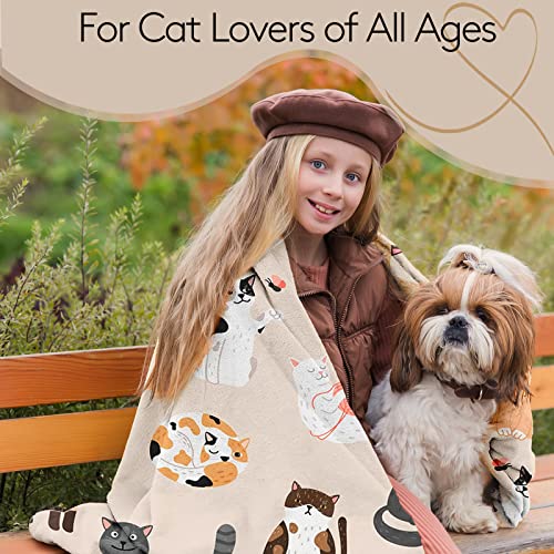 YRAQLVU Cat Throw Blanket - Cat Gifts for Cat Lovers Soft Flannel Bed Blanket Cozy 50x60 inch Winter Cute Animal Blanket for Couch (Beige Cat)