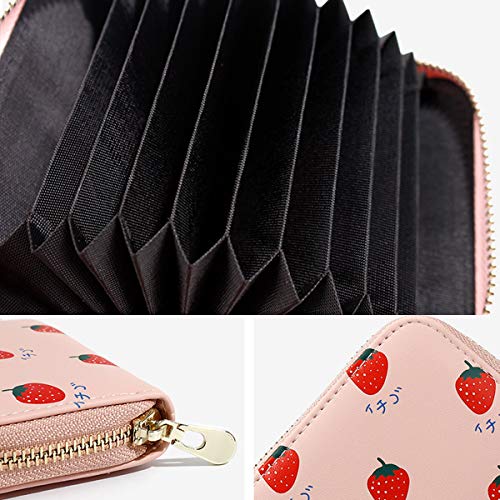 NVKIC Cute Credit Card Holders for Women Strawberry Pattern Zip-Around Faux Leather Slim Wallet for Girls Cash Coin Purse Pink Color