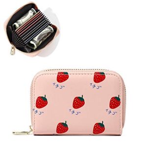 NVKIC Cute Credit Card Holders for Women Strawberry Pattern Zip-Around Faux Leather Slim Wallet for Girls Cash Coin Purse Pink Color