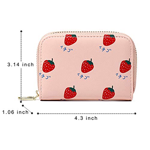 NVKIC Cute Credit Card Holders for Women Strawberry Pattern Zip-Around Faux Leather Slim Wallet for Girls Cash Coin Purse Pink Color