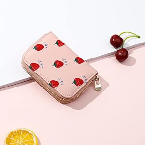 NVKIC Cute Credit Card Holders for Women Strawberry Pattern Zip-Around Faux Leather Slim Wallet for Girls Cash Coin Purse Pink Color