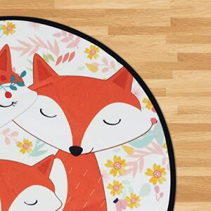 BVOGOS 3’Ft Lovely Floral Foxes Large Round Area Rug, Ultra Soft Kids Floor Playing Mat for Bedroom Living Room Baby Room, Non-Skid Lightweight Foam Rugs Home Decor