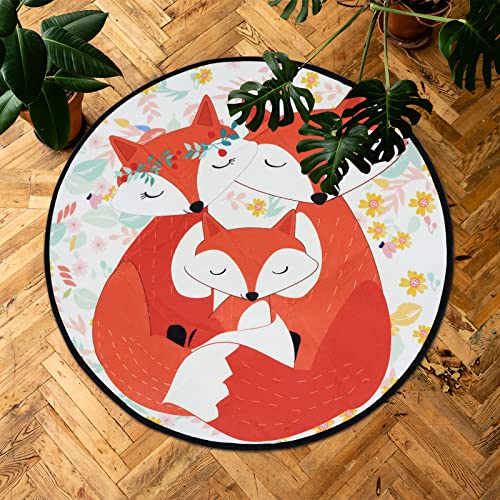 BVOGOS 3’Ft Lovely Floral Foxes Large Round Area Rug, Ultra Soft Kids Floor Playing Mat for Bedroom Living Room Baby Room, Non-Skid Lightweight Foam Rugs Home Decor