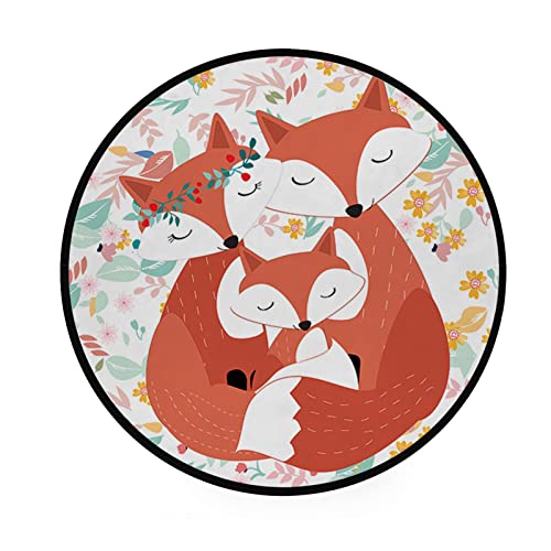 BVOGOS 3’Ft Lovely Floral Foxes Large Round Area Rug, Ultra Soft Kids Floor Playing Mat for Bedroom Living Room Baby Room, Non-Skid Lightweight Foam Rugs Home Decor