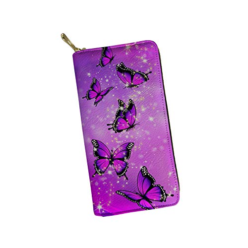 COEQINE Purple Butterfly Print Purse Long for Handbags Wallet for Women PU Leather Clutch Zip Around Cards Phone Holder