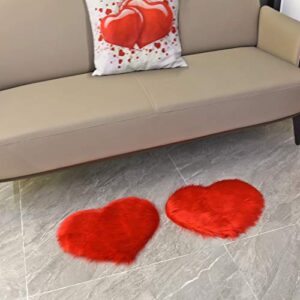 Marrywindix 2 Pieces Red Heart Shaped Fluffy Faux Sheepskin Area Rug Plush Carpet Fur Room Mat for Home Sofa Floor Decor (12 x 16 Inch)