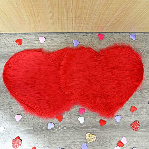 Marrywindix 2 Pieces Red Heart Shaped Fluffy Faux Sheepskin Area Rug Plush Carpet Fur Room Mat for Home Sofa Floor Decor (12 x 16 Inch)