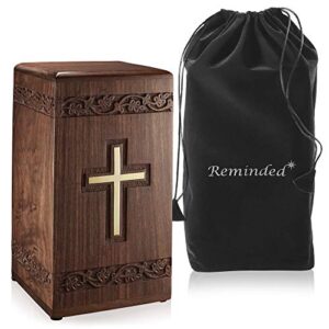 reminded rosewood hand-carved urn box with solid brass cross – cremation memorial with velvet bag