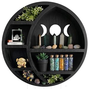 ella & emma wooden moon shelf for crystals – crescent moon crystal shelf, crystal storage & wall hanging shelves for bedroom aesthetic, moon phase wall decor & crystal display shelf, pinewood, black