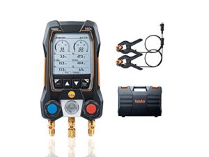 testo 550s kit i app operated digital manifold for hvac and refrigeration with 2 x wired temperature clamp probes i high and low side pressure measurement, superheat and subcooling – with bluetooth