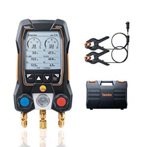 Testo 550s Kit I App Operated Digital Manifold for HVAC and Refrigeration with 2 x Wired Temperature clamp Probes I High and Low Side Pressure Measurement, Superheat and subcooling – with Bluetooth