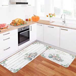 sun-shine thanksgiving pumpkin fall season kitchen rug set 2 pieces cushioned kitchen floor mats comfort soft standing doormat, non slip rugs and runner white wood board