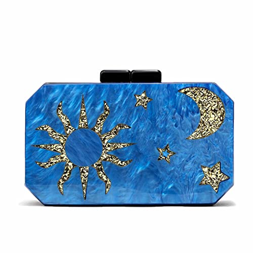 Acrylic Small Clutch Purses for Women,Gold Stars Moon and Sun Patterns, Blue Evening Clutch for Party