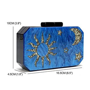 Acrylic Small Clutch Purses for Women,Gold Stars Moon and Sun Patterns, Blue Evening Clutch for Party