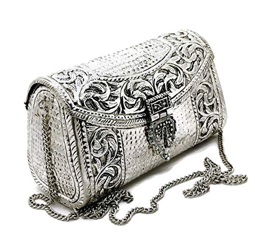 Trend Overseas women gift bridal bag Brass Metal Clutch Sling Bag Indian Ethnic Antique clutch (Silver)