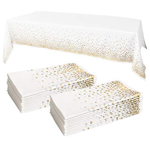 White Plastic Tablecloths - 12 Pack - 54 X 108 | Gold Dot Disposable Tablecloths | Plastic Tablecloth | White Tablecloths | Plastic Table Cover | Paper Tablecloths For Bbq, Party, Fine Dining, Wedding