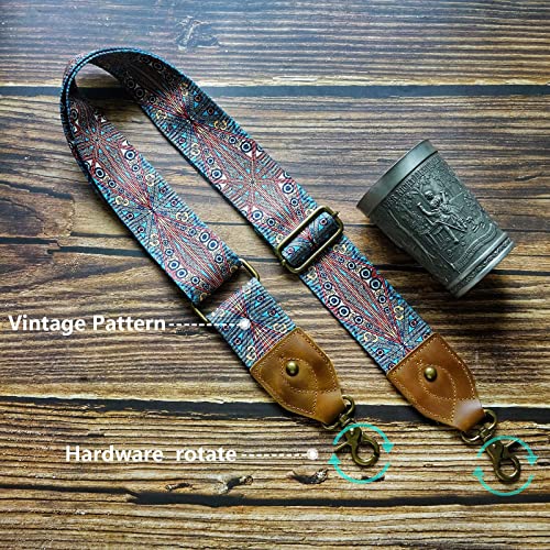 Purse Strap Replacement Crossbody Guitar Straps for Handbags Shoulder Strap Adjustable Replacement for Bag Vintage Pattern with Cowhide Genuine Leather Width 2 Inch