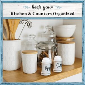 Home Acre Designs Salt and Pepper Shakers set Farmhouse Kitchen Decor Ceramic Salt Shaker -White Salt and Pepper Shaker - Wedding Registry Ideas Gifts Rustic Salt and Pepper Set Holder Table Decor