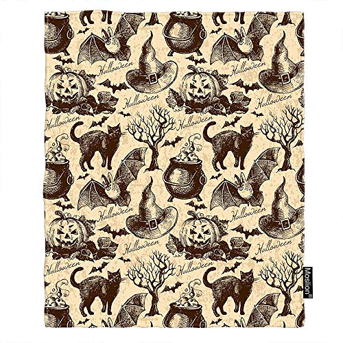 Moslion Halloween Pattern Throw Blanket Retro Vintage Style Animal Cat Pumpkin Owl Bat Witch Hat Tree Cozy Throw Blanket for Couch Bed Sofa Car Soft Throw Blanket Flannel 30x40 Inch