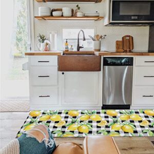 SUN-Shine Watercolor Yellow Lemon Buffalo Plaid Kitchen Rug Set 2 Pieces Cushioned Kitchen Floor Mats Comfort Soft Standing Doormat, Non Slip Rugs and Runner Black White