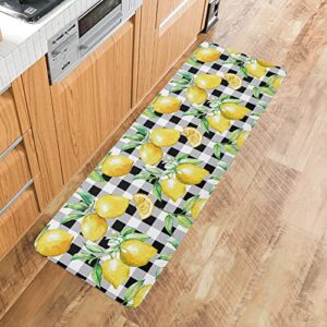 SUN-Shine Watercolor Yellow Lemon Buffalo Plaid Kitchen Rug Set 2 Pieces Cushioned Kitchen Floor Mats Comfort Soft Standing Doormat, Non Slip Rugs and Runner Black White