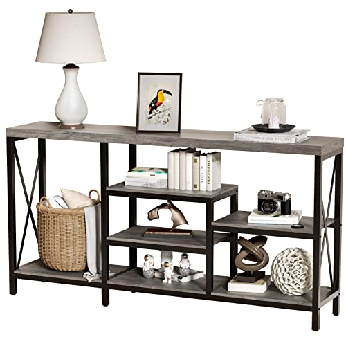 LGHM Industrial Console Tables, Entryway Table, 55 Inch Sofa Tables Narrow Long, Hallway Table/Bookshelf with Storage Shelves, for Entryway, Living Room, Couch, Grey Wash