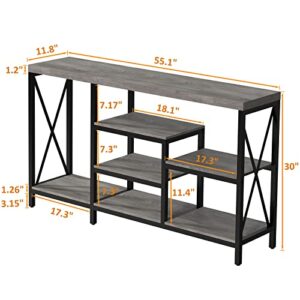 LGHM Industrial Console Tables, Entryway Table, 55 Inch Sofa Tables Narrow Long, Hallway Table/Bookshelf with Storage Shelves, for Entryway, Living Room, Couch, Grey Wash