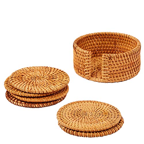 Artera Handmade Natural Rattan Coasters - Round Straw Woven Trivet for Teacup, Wicker Heat Resistant Plate Pad for Hot Pots and Pans, Non-Slip 6 Piece Coaster Set with Holder