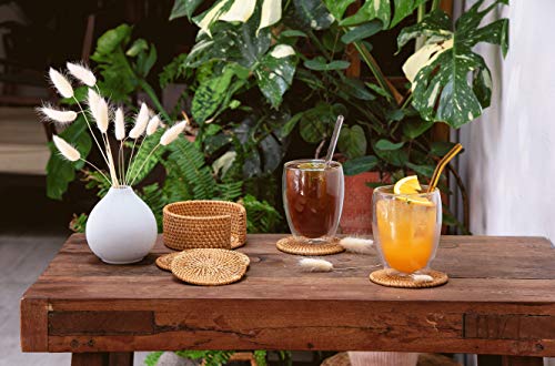 Artera Handmade Natural Rattan Coasters - Round Straw Woven Trivet for Teacup, Wicker Heat Resistant Plate Pad for Hot Pots and Pans, Non-Slip 6 Piece Coaster Set with Holder