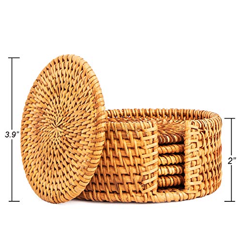 Artera Handmade Natural Rattan Coasters - Round Straw Woven Trivet for Teacup, Wicker Heat Resistant Plate Pad for Hot Pots and Pans, Non-Slip 6 Piece Coaster Set with Holder