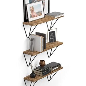 wallniture colmar floating shelves for wall, storage shelves for living room decor, natural burned wall shelf set of 3 with black shelf brackets