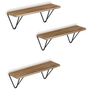 Wallniture Colmar Floating Shelves for Wall, Storage Shelves for Living Room Decor, Natural Burned Wall Shelf Set of 3 with Black Shelf Brackets