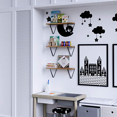 Wallniture Colmar Floating Shelves for Wall, Storage Shelves for Living Room Decor, Natural Burned Wall Shelf Set of 3 with Black Shelf Brackets