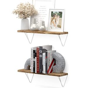 wallniture colmar floating shelves for bedroom wall decor, wood wall shelf set of 2 for home organization and storage, 17″x4.5″ natural burned