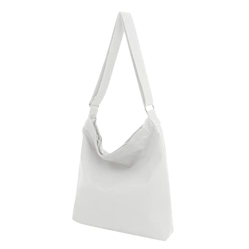 Muka Canvas Shoulder Bag with Zipper, White Hobo Crossbody Handbag Casual Tote