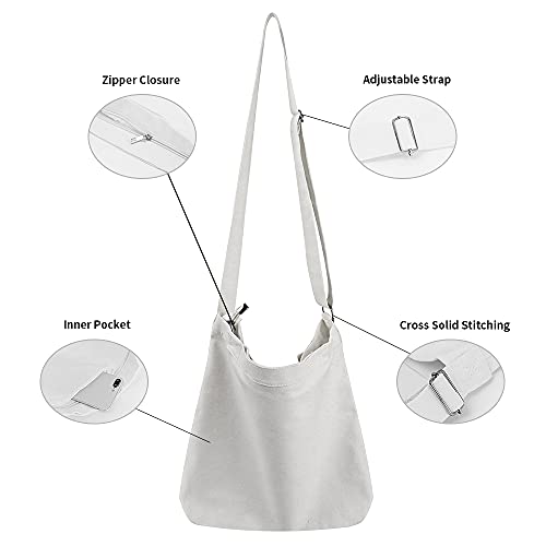 Muka Canvas Shoulder Bag with Zipper, White Hobo Crossbody Handbag Casual Tote