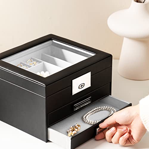 Oyydecor Jewelry Box with Clear Lid, 3-Layer Jewelry Organizer with 2 Drawers PU Leather Display Storage Case Necklace Ring Earring Storage Case Gifts for Women