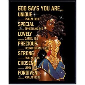 African American Woman - African American Wall Art for Girls - God Says You Are - Christian Wall Decor - Bible Verses - Black Wall Art - Religious Gifts for Women - Inspirational Motivational Unframed