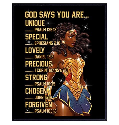 African American Woman - African American Wall Art for Girls - God Says You Are - Christian Wall Decor - Bible Verses - Black Wall Art - Religious Gifts for Women - Inspirational Motivational Unframed